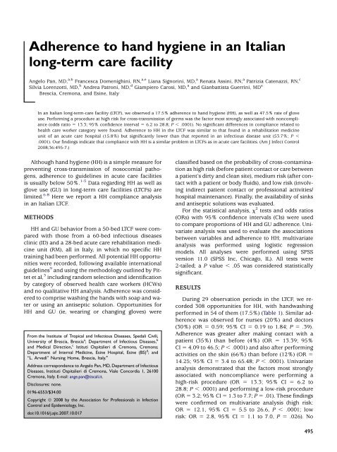 Adherence to hand hygiene in an Italian long-term care facility - CCIH