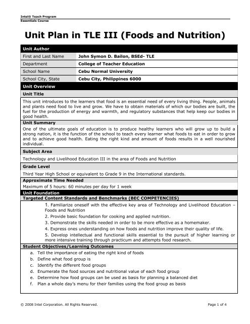 Unit Plan In TLE III Foods And Nutrition 