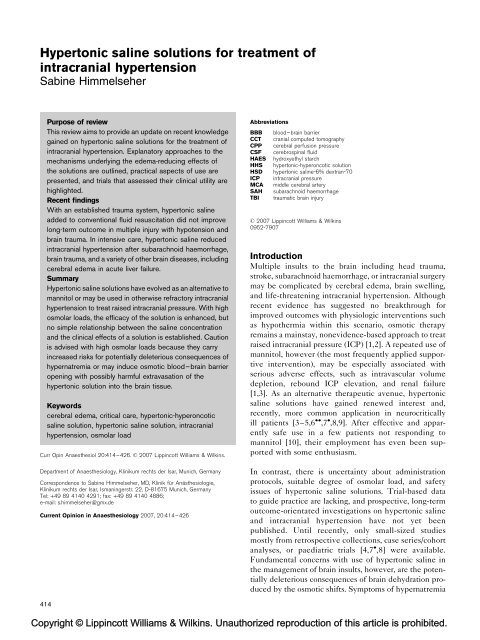 Hypertonic saline solutions for treatment of intracranial hypertension