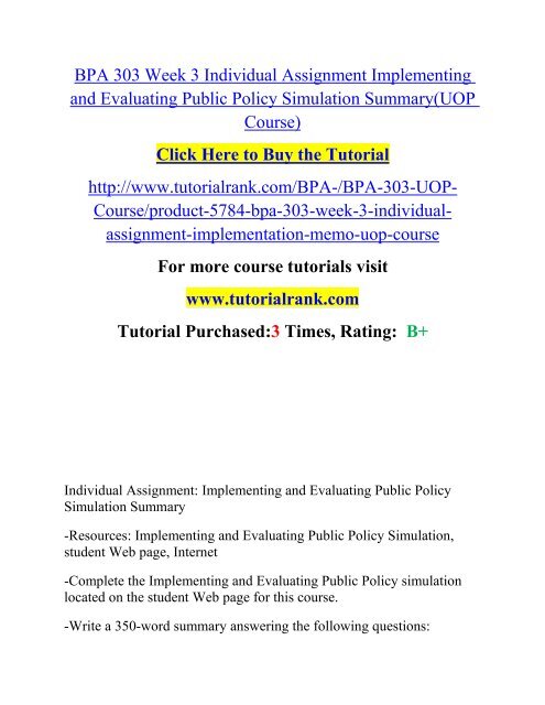 BPA 303 Week 3 Individual Assignment Implementing and Evaluating Public Policy Simulation ...