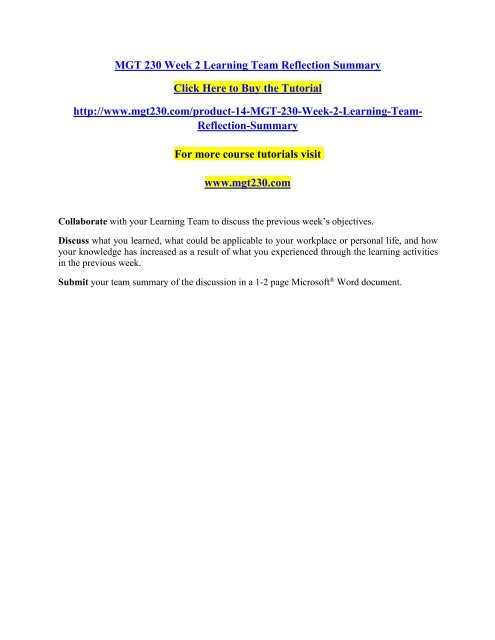 MGT 230 Week 2 Learning Team Reflection Summary