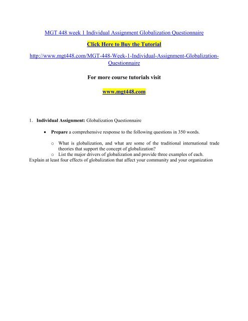 MGT 448 week 1 Individual Assignment Globalization Questionnaire