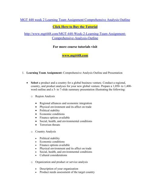 MGT 448 week 2 Learning Team Assignment Comprehensive Analysis Outline