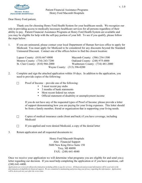Patient Financial Assistance Programs Henry Ford Macomb Hospitals