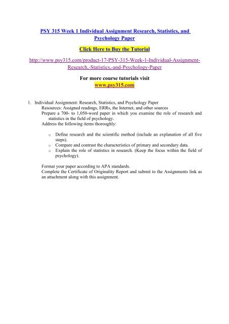 PSY 315 Week 1 Individual Assignment Research, Statistics, and ...
