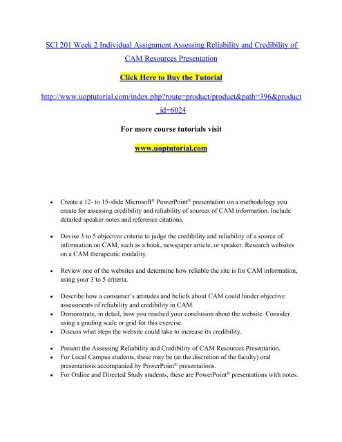 SCI 201 Week 2 Individual Assignment Assessing Reliability and Credibility of CAM Resources ...