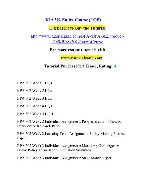 BPA 302 Entire Course (UOP)/ Tutorialrank