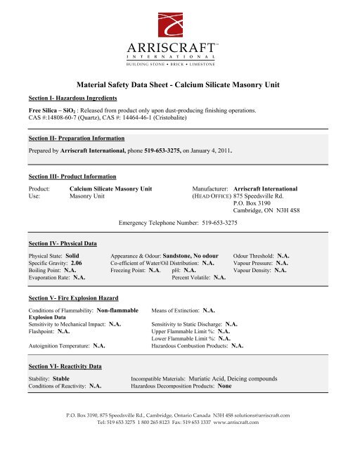 Material Safety Data Sheet - Calcium Silicate Masonry Unit