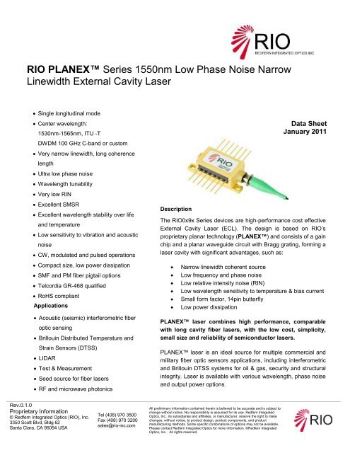 RIO PLANEX Series 1550nm Low Phase Noise Narrow Linewidth External ...