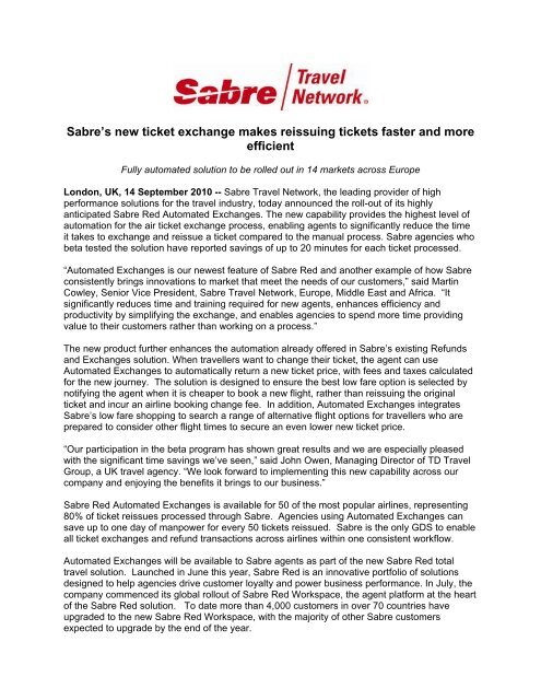 Sabre’s new ticket exchange makes reissuing tickets faster and more ...