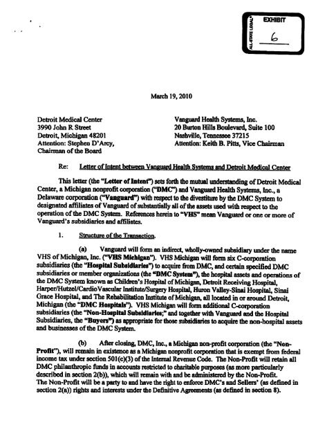 Letter of Intent and Supplement - State of Michigan