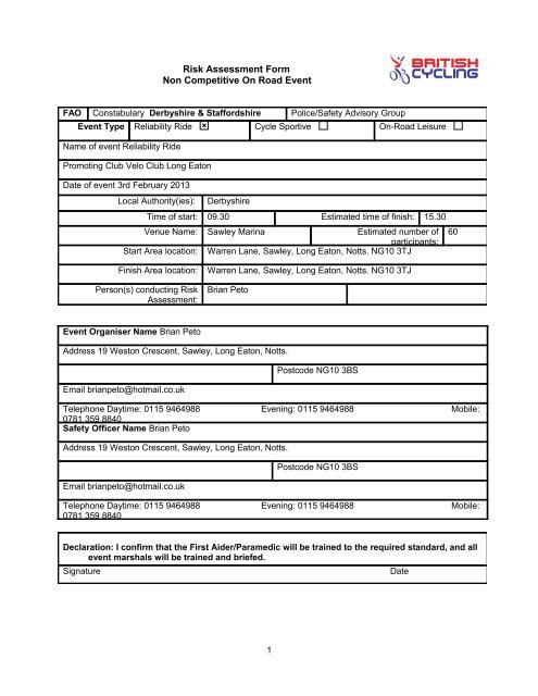 Risk Assessment Form Non Competitive On Road Event