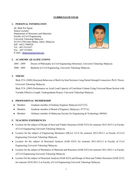 CURRICULUM VITAE 1. PERSONAL INFORMATION Dr. Shek Poi ...