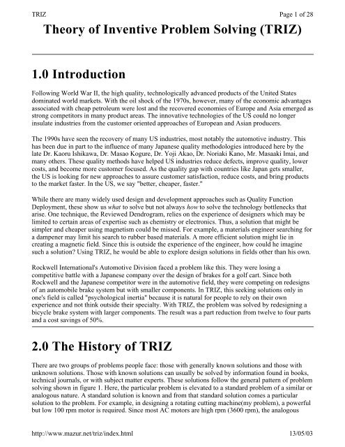 Theory of Inventive Problem Solving (TRIZ) 1.0 Introduction 2.0 The ...