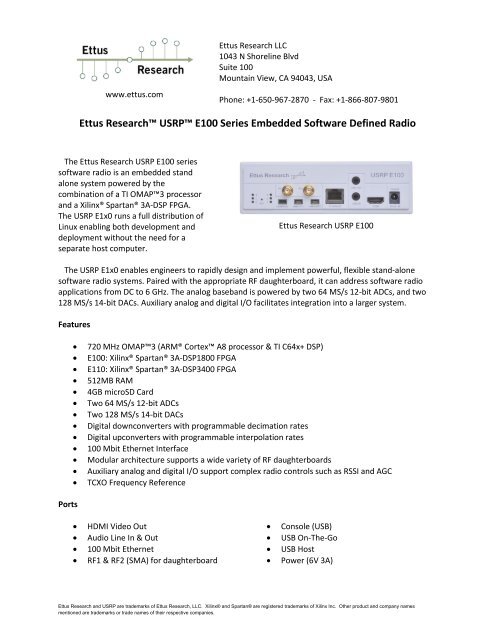 Ettus Research USRP E100 Series Embedded Software Defined Radio