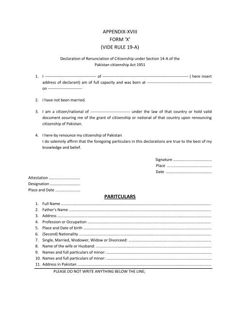 appendix-xviii form 'x' - Embassy of Pakistan