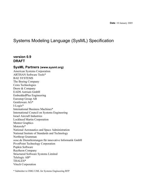 Systems Modeling Language (SysML) Specification