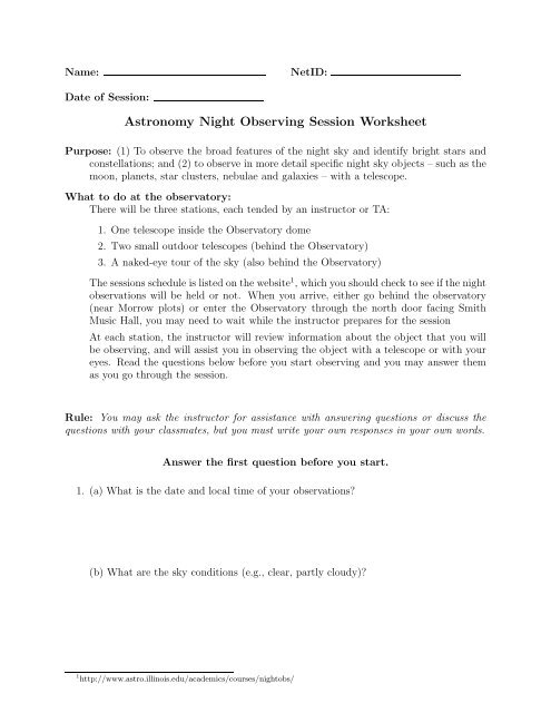 Astronomy Night Observing Session Worksheet