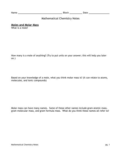 Moles and Molar Mass Mathematical Chemistry Notes
