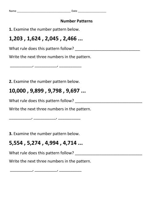 Number Patterns 1. Examine the number pattern below. What rule ...