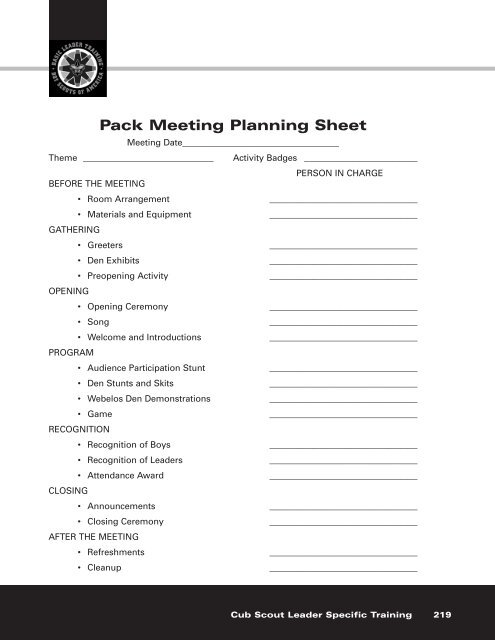 Pack Meeting Planning Sheet