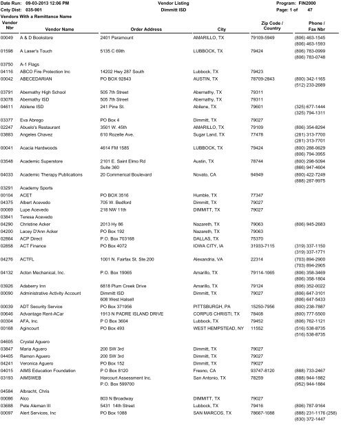 Approved Vendor List 2013-2014 - Dimmitt ISD