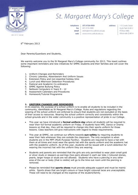 2013 Beginning of Year Letter - St Margaret Mary's College