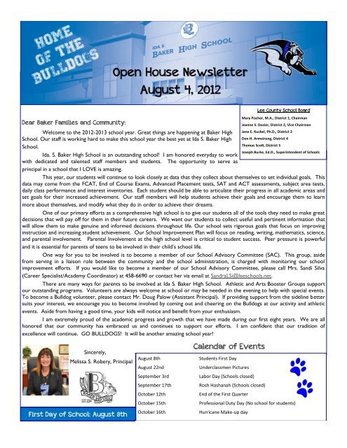 Open House Newsletter August 4, 2012 - Ida S. Baker High School