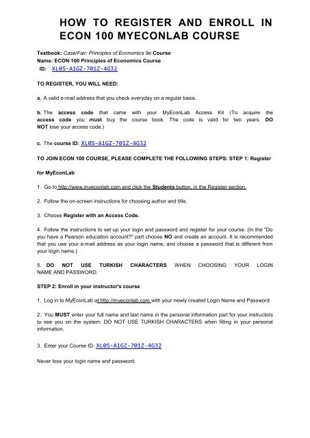 HOW TO REGISTER AND ENROLL IN ECON 100 MYECONLAB COURSE