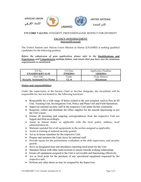 UN CORE VALUES: INTEGRITY, PROFESSIONALISM ... - Unamid