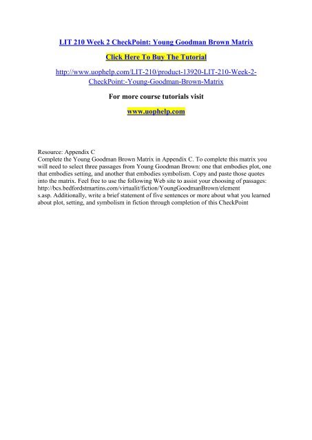 LIT 210 Week 2 CheckPoint Young Goodman Brown Matrix/uophelp