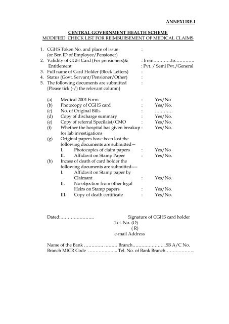 Modified Check List for Reimbursement of medical claims