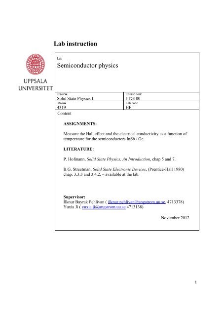 Lab instruction Semiconductor physics