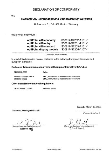 DECLARATION OF CONFORMITY - Siemens Enterprise