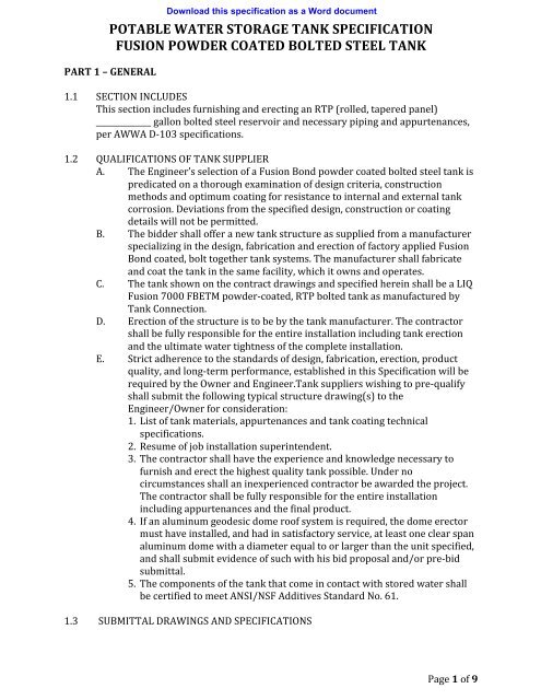 POTABLE WATER STORAGE TANK SPECIFICATION FUSION POWDER COATED BOLTED ...