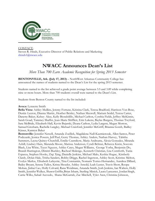 NWACC Announces Dean’s List