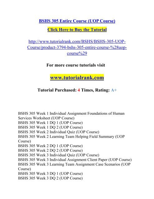 BSHS 305 Entire Course/ Tutorialrank