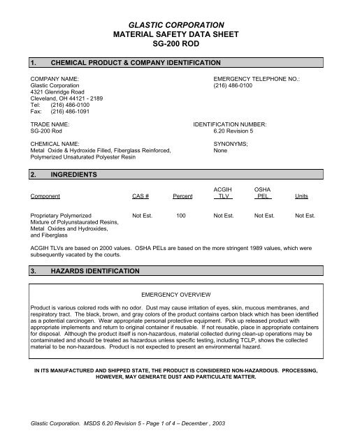 GLASTIC CORPORATION MATERIAL SAFETY DATA SHEET SG-200 ROD