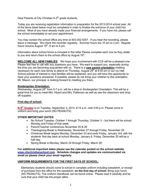 2013-14 Summer Elementary Parent Letter - City Christian School