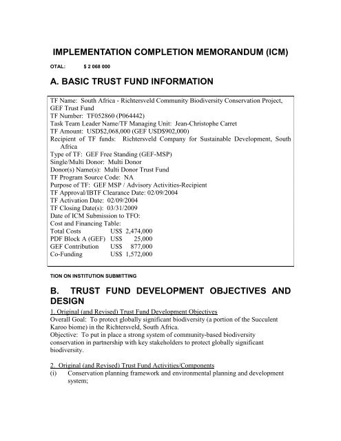 IMPLEMENTATION COMPLETION MEMORANDUM (ICM) A. BASIC ...