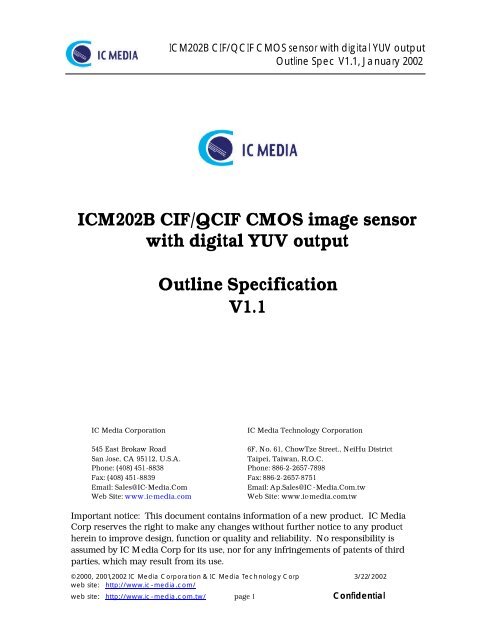 ICM202B CIF/QCIF CMOS image sensor with digital YUV output ...