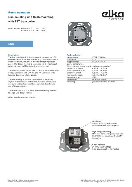 LON Room operation Bus coupling unit flush-mounting with FTT ...