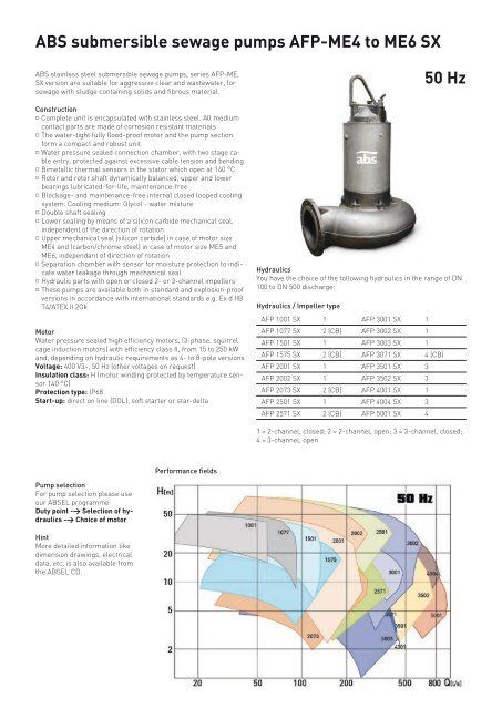 ABS submersible sewage pumps AFP-ME4 to ME6 SX 50 Hz