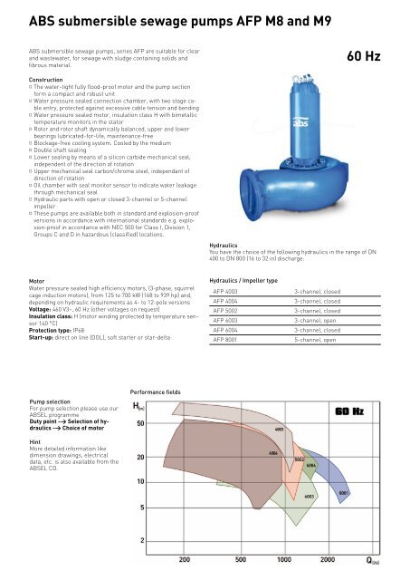 ABS submersible sewage pumps AFP M8 and M9 60 Hz