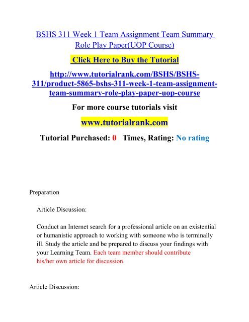 BSHS 311 Week 1 Team Assignment Team Summary Role Play Paper(UOP Course ...