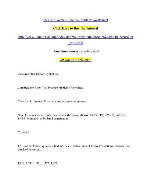 PSY 315 Week 2 Practice Problems Worksheet/ Uoptutorial