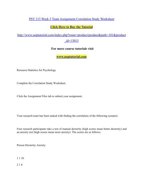 PSY 315 Week 5 Team Assignment Correlation Study Worksheet/ Uoptutorial