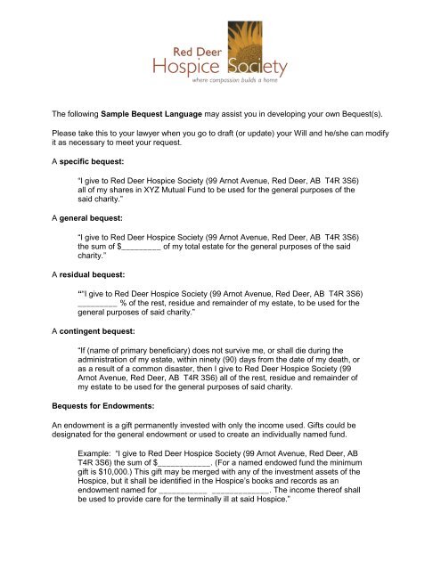 Sample Bequest Language - Red Deer Hospice Society