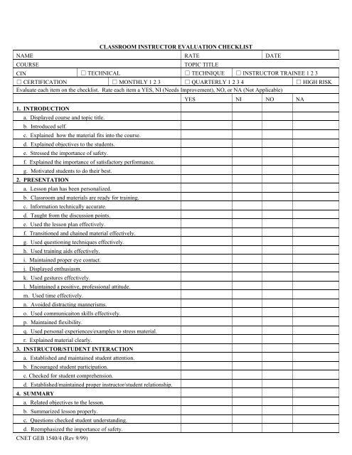 CLASSROOM INSTRUCTOR EVALUATION CHECKLIST NAME ...