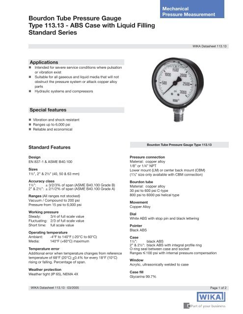WIKA 113.13 Pressure Gauge data sheet - DFS Gauges